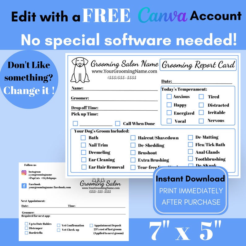 Dog Grooming Report Card Template, Pet Salon Forms - Blue (digital ...