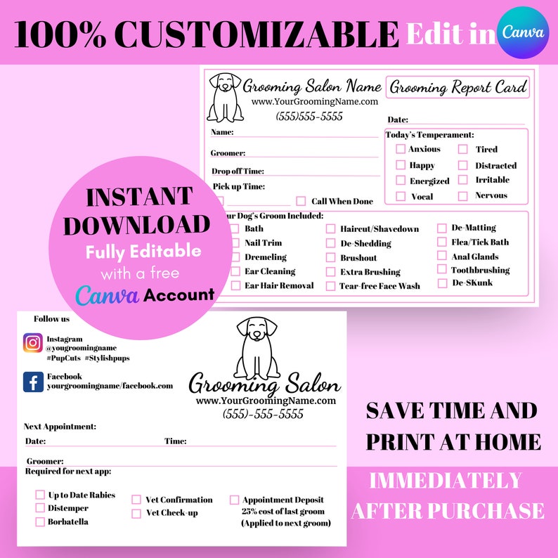 Dog Grooming Report Card Template, Pink Customizable Forms (canva ...
