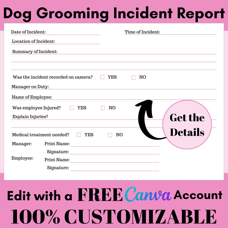 Dog Grooming Incident Report in Pink - Pet Salon Incident Form Dog ...