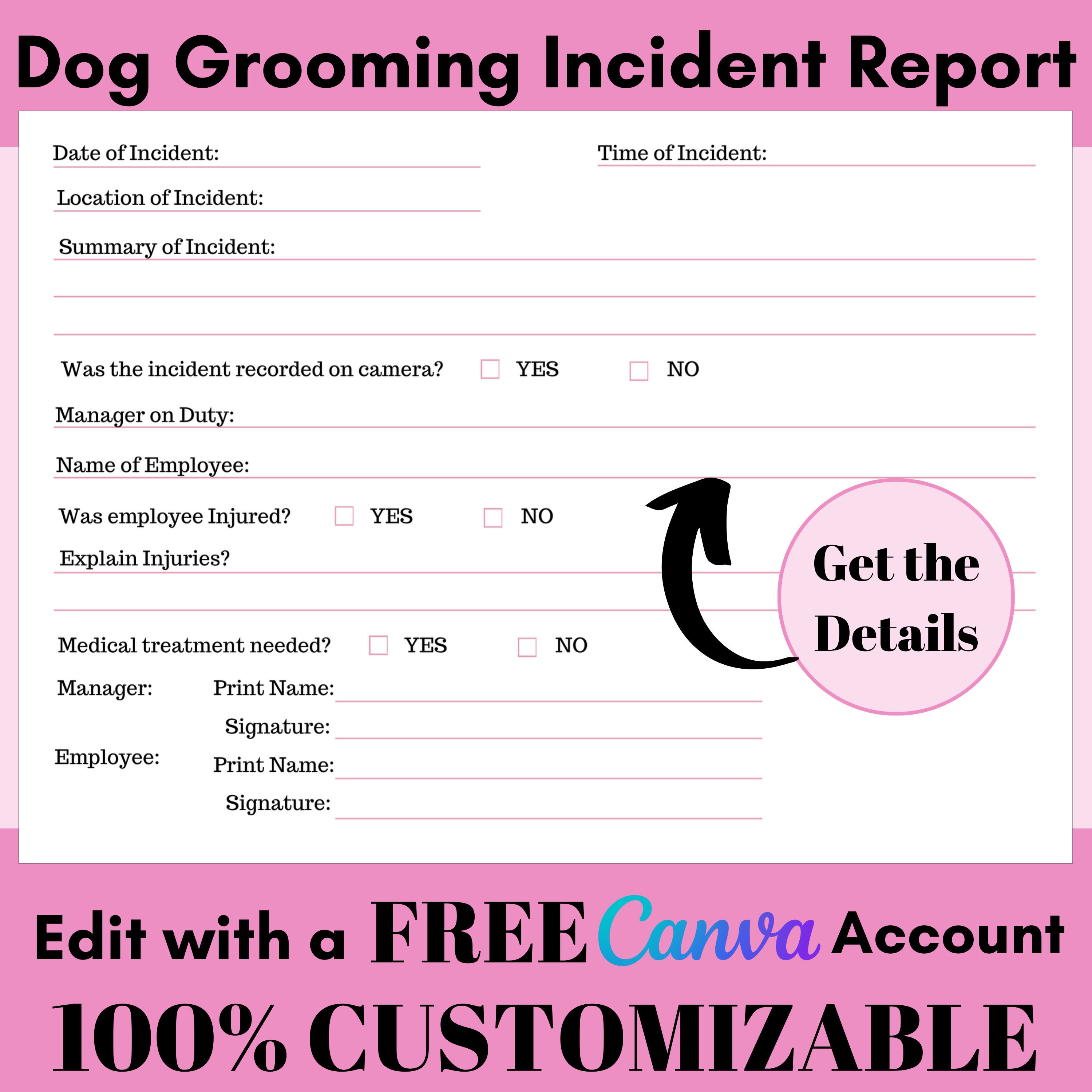 Dog Grooming Incident Report in Pink - Pet Salon Incident Form Dog ...