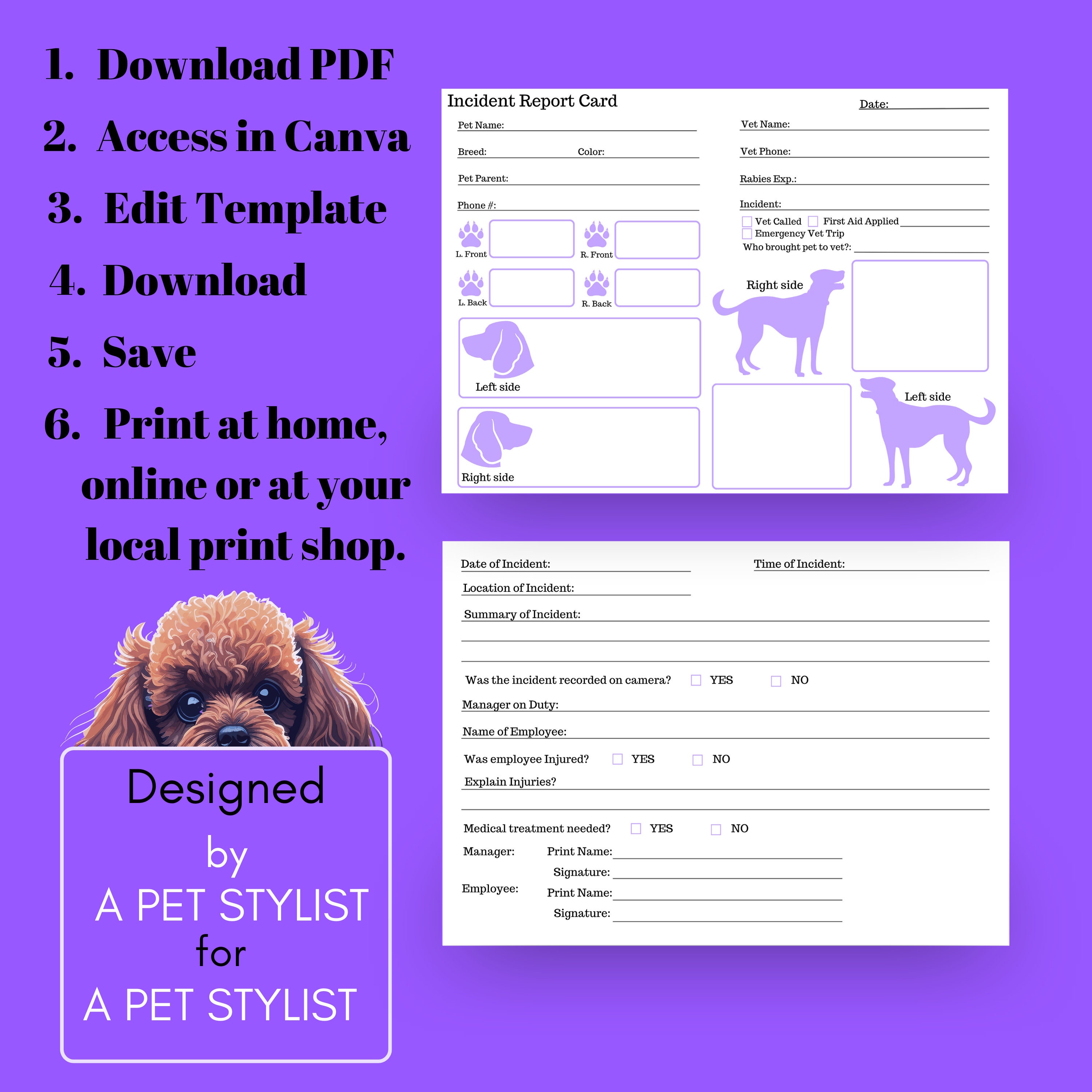 Dog Grooming Incident Report Card, Purple Template (digital Download ...