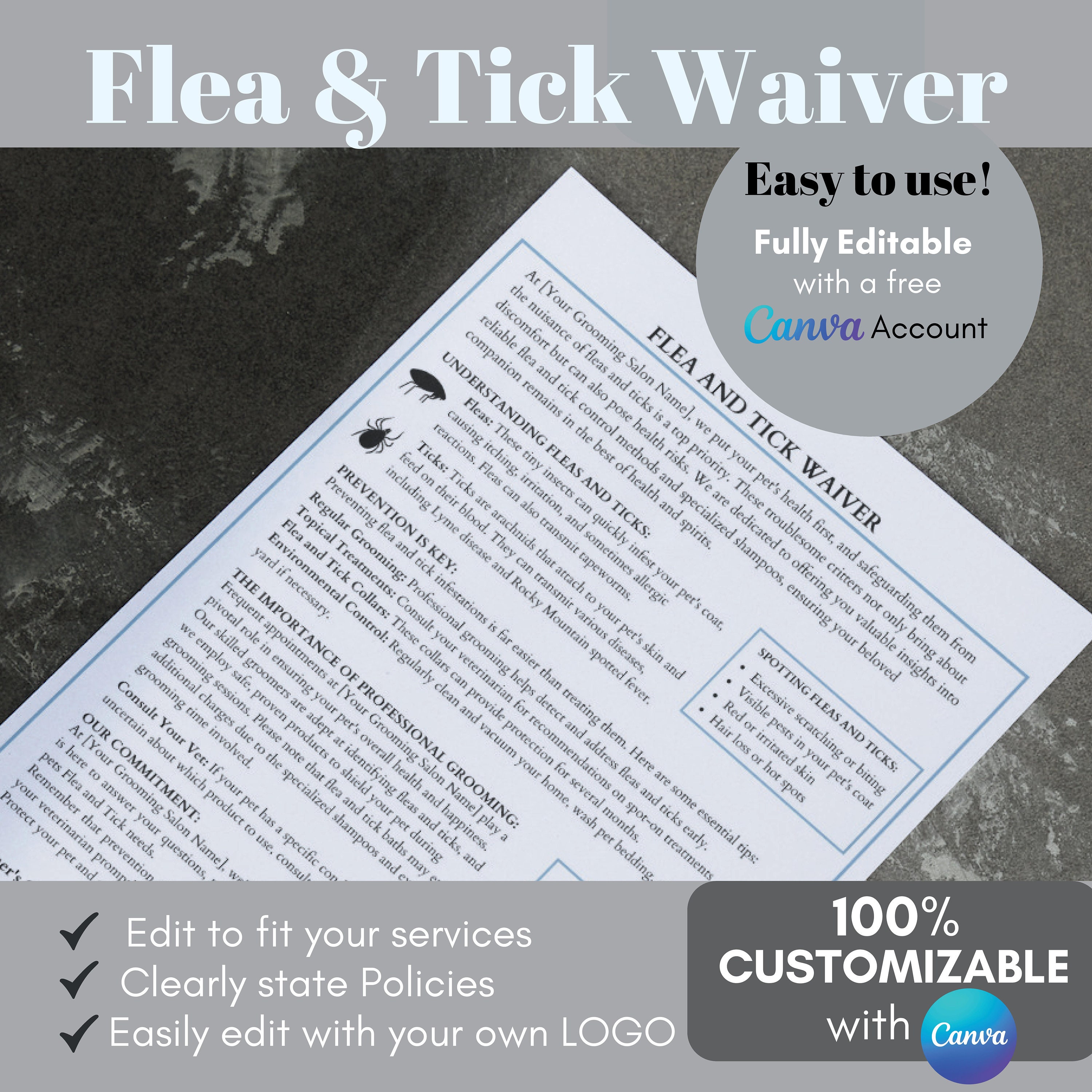 Dog Grooming Flea and Tick Waiver, Client Contract, Customer Agreement ...