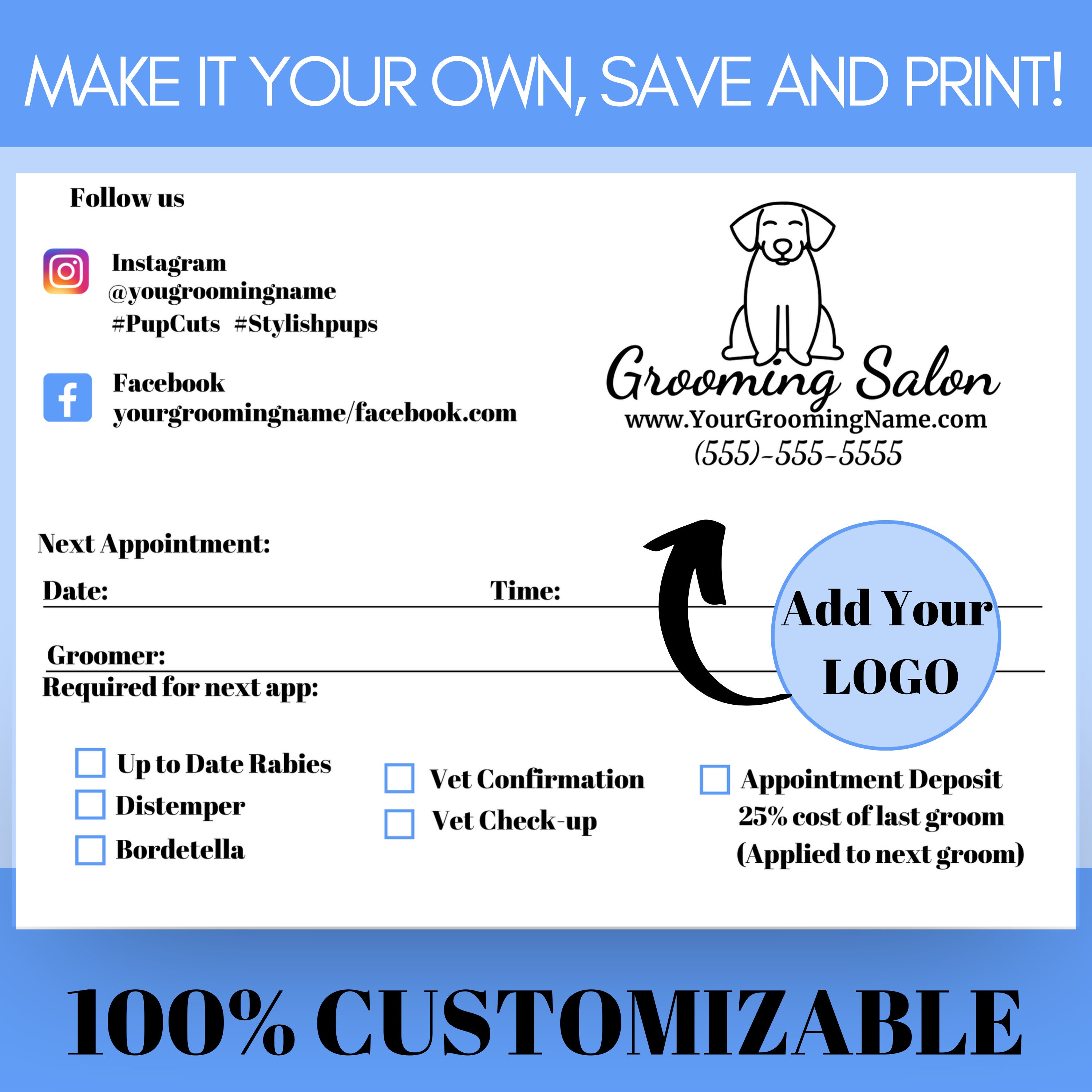 Dog Grooming Report Card Template, Pet Salon Forms - Blue (digital ...