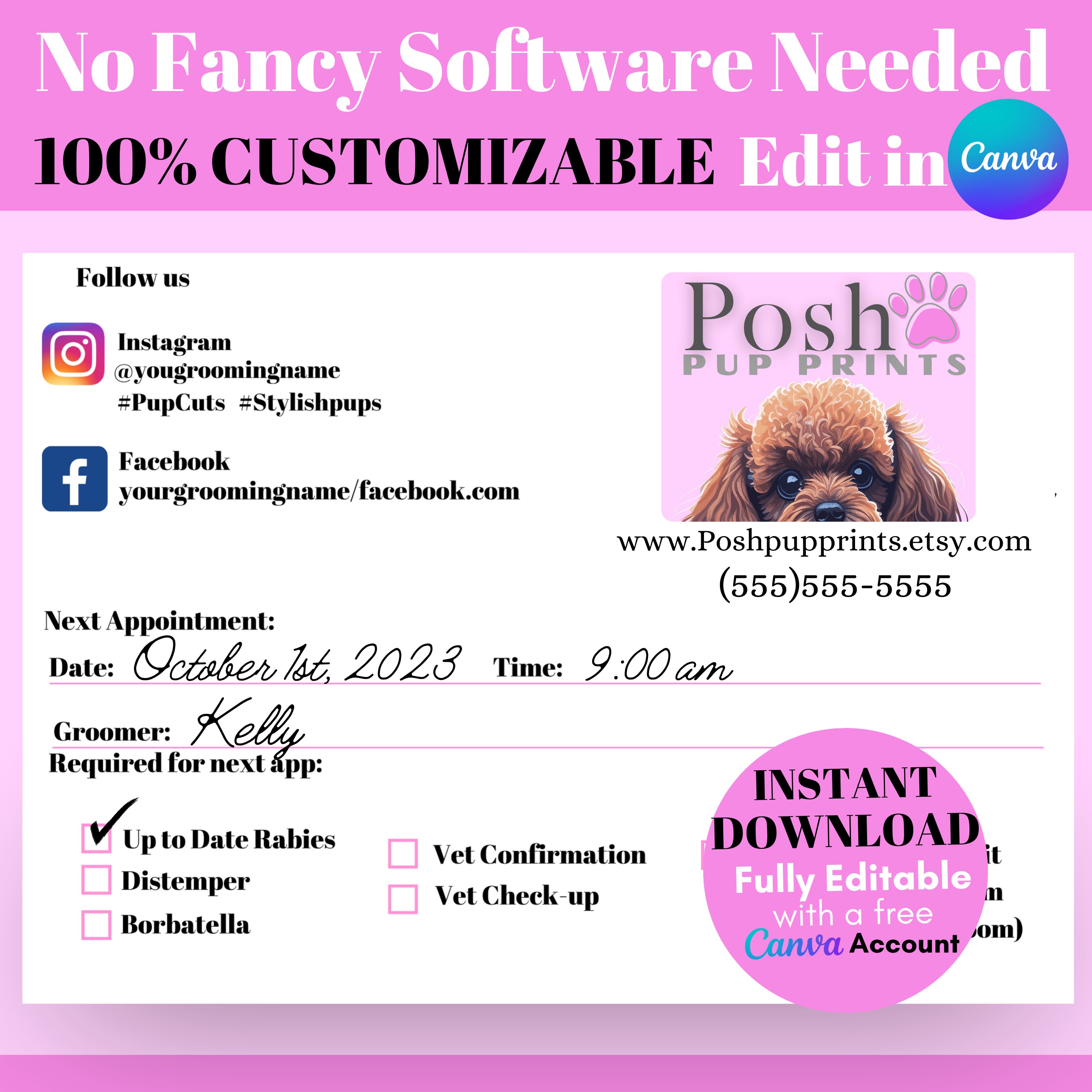 Dog Grooming Report Card Template, Pink Customizable Forms (canva ...