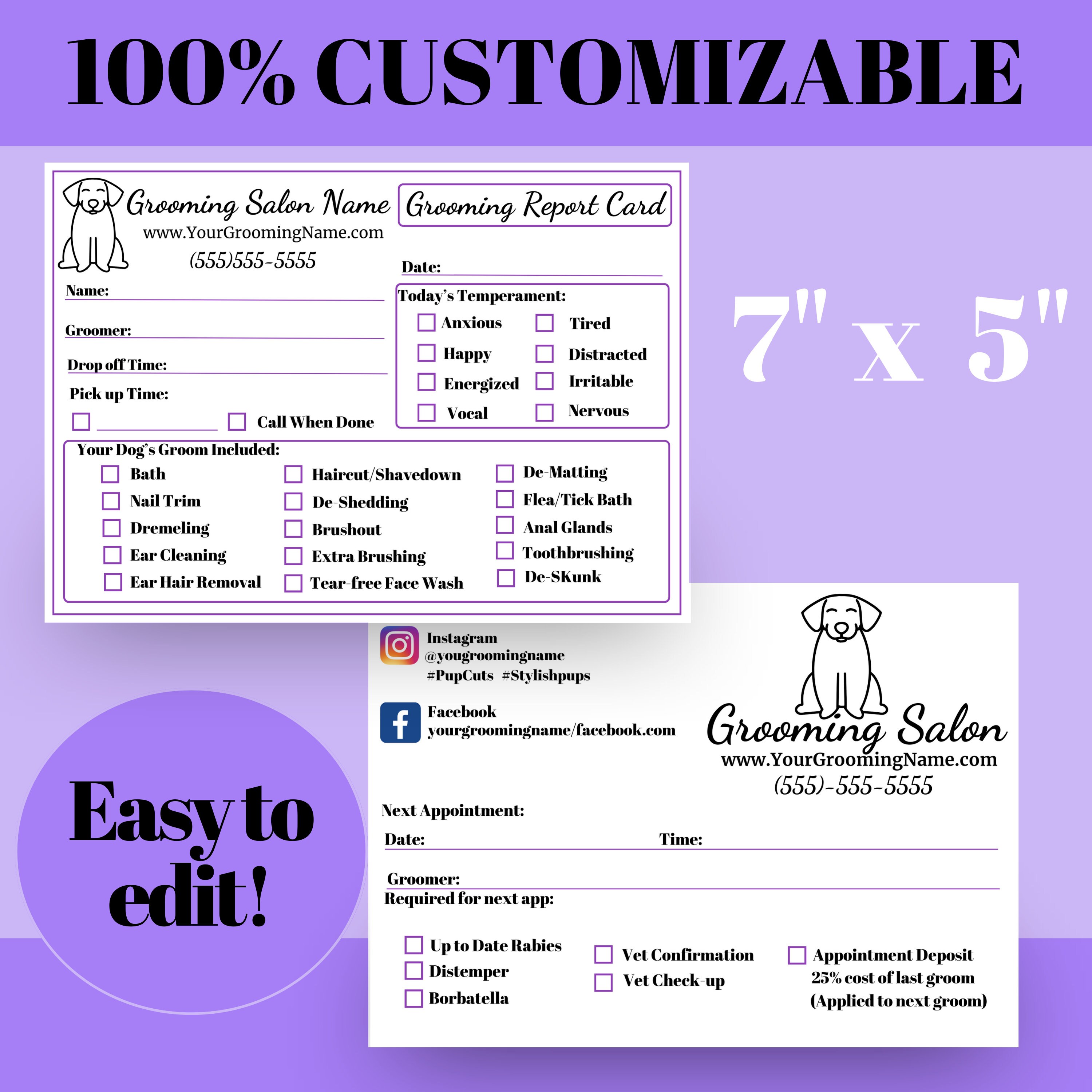 Dog Grooming Report Card in Purple, Dog Groomer Forms, Dog Grooming ...