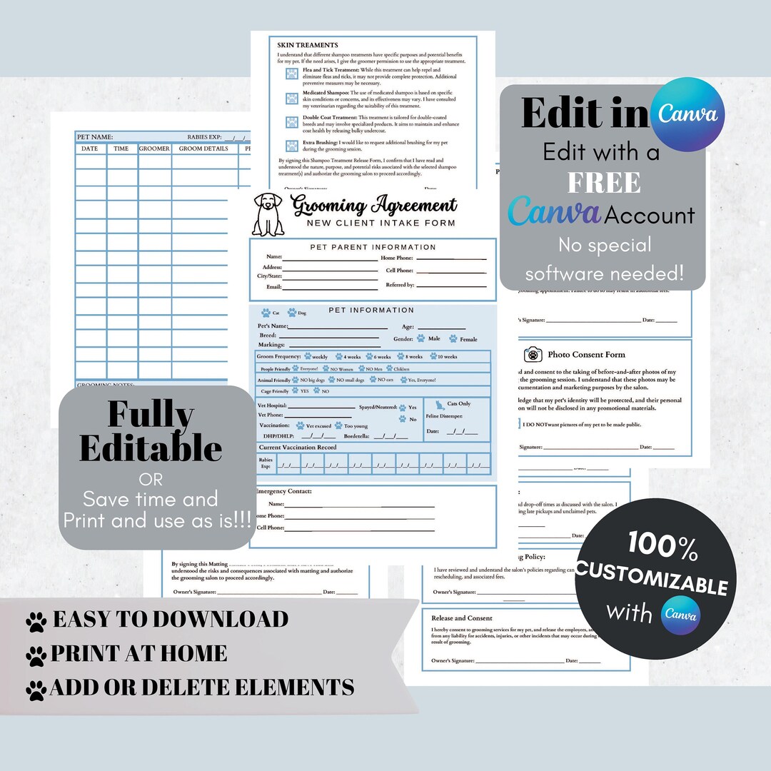 Dog Grooming Client Intake Form, Pet Salon Contract - Blue (digital ...