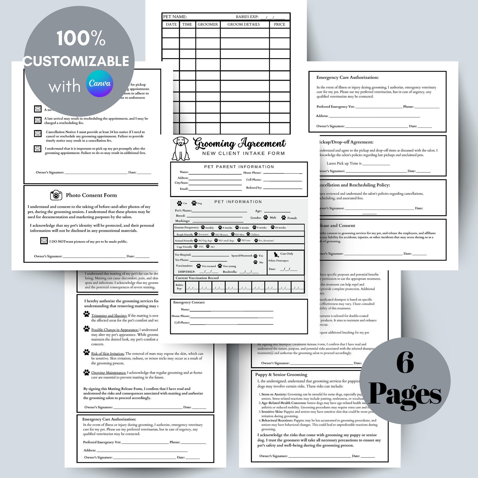 Dog Grooming Client Intake Form, Pet Salon Contract (digital Download ...