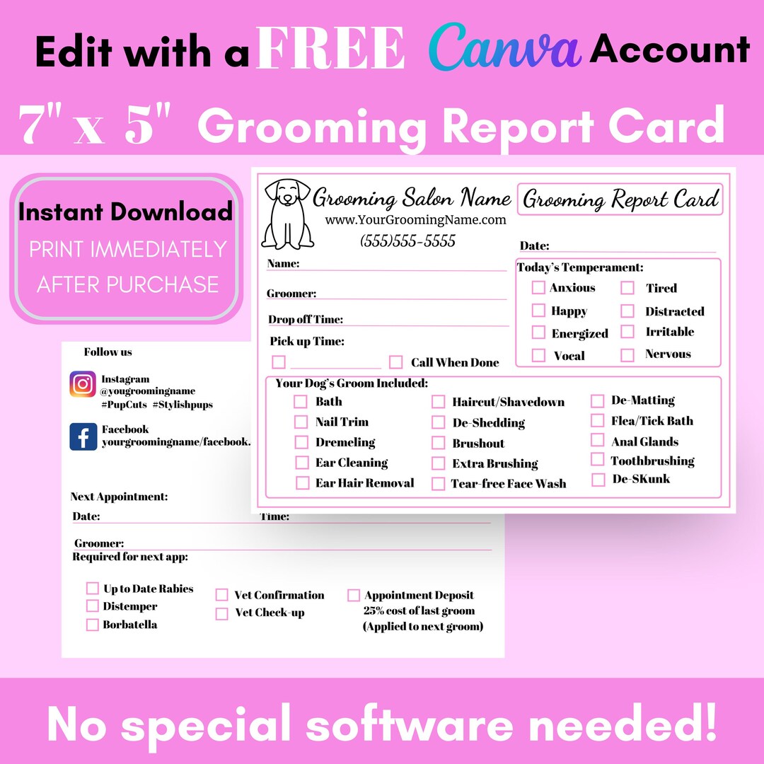 Dog Grooming Report Card in Pink, Dog Groomer Forms, Dog Grooming ...
