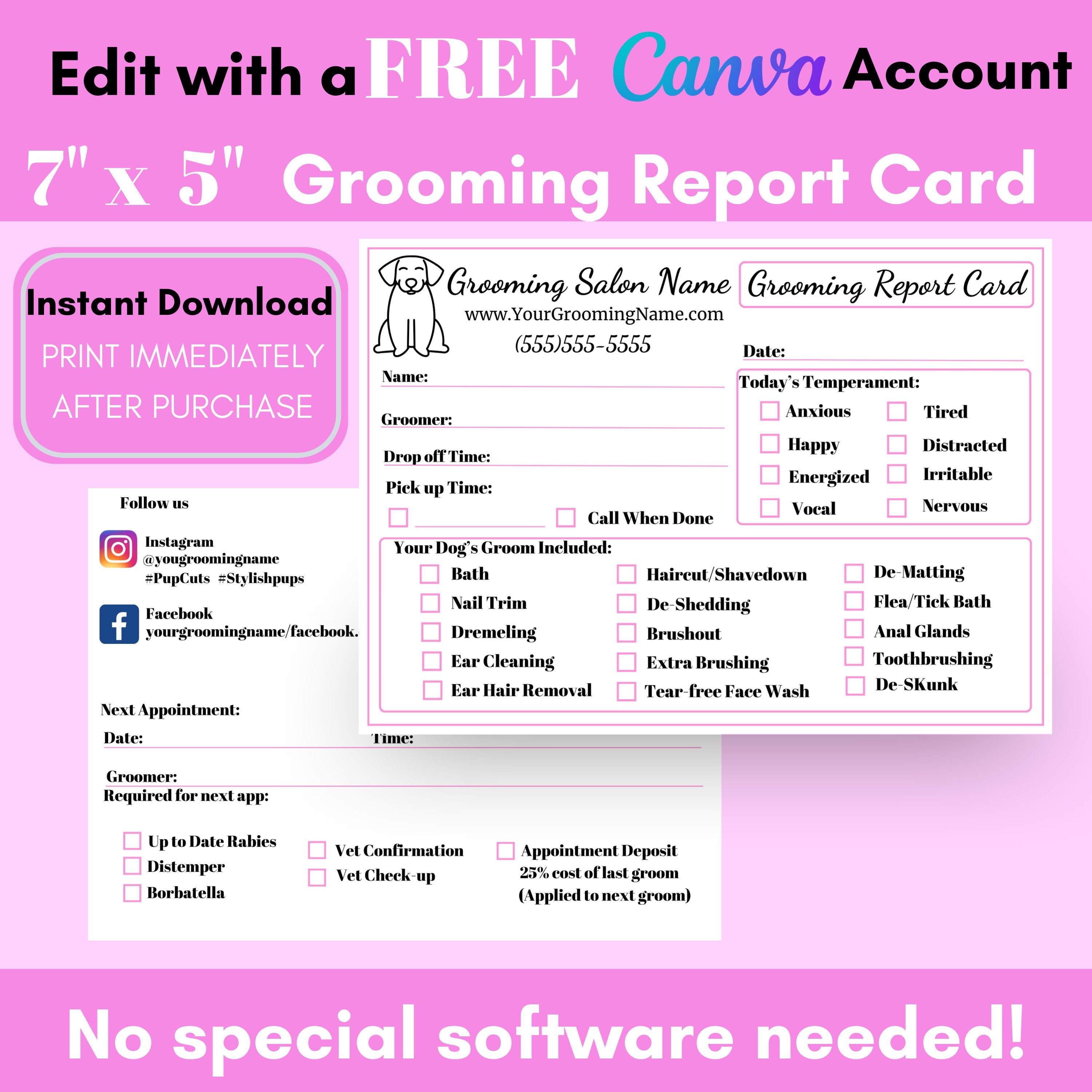 Dog Grooming Report Card in Pink, Dog Groomer Forms, Dog Grooming ...