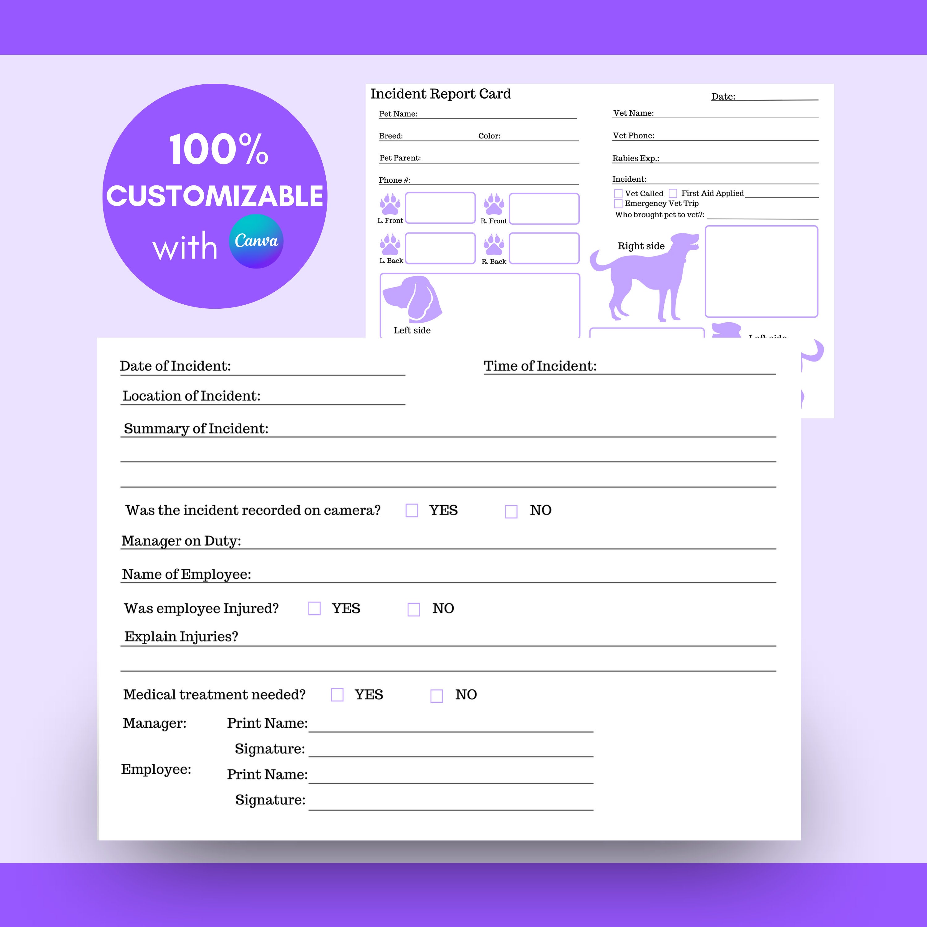 Dog Grooming Incident Report Card, Purple Template (digital Download ...