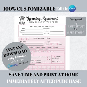 Dog Grooming Agreement Bundle 5 Colors Customizable Business Forms ...