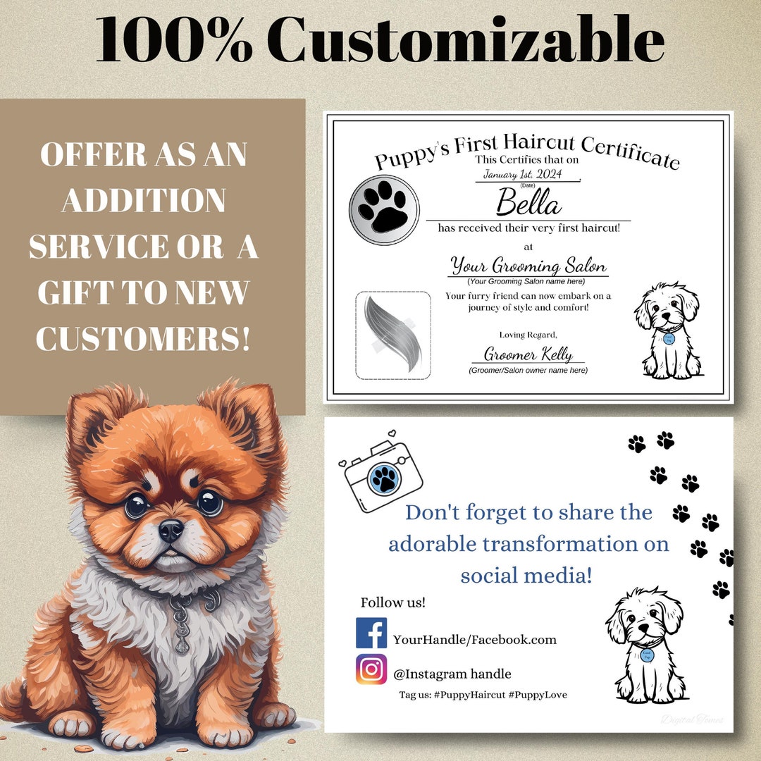 Puppy's First Grooming Certificate, Pet Salon Keepsake (digital ...