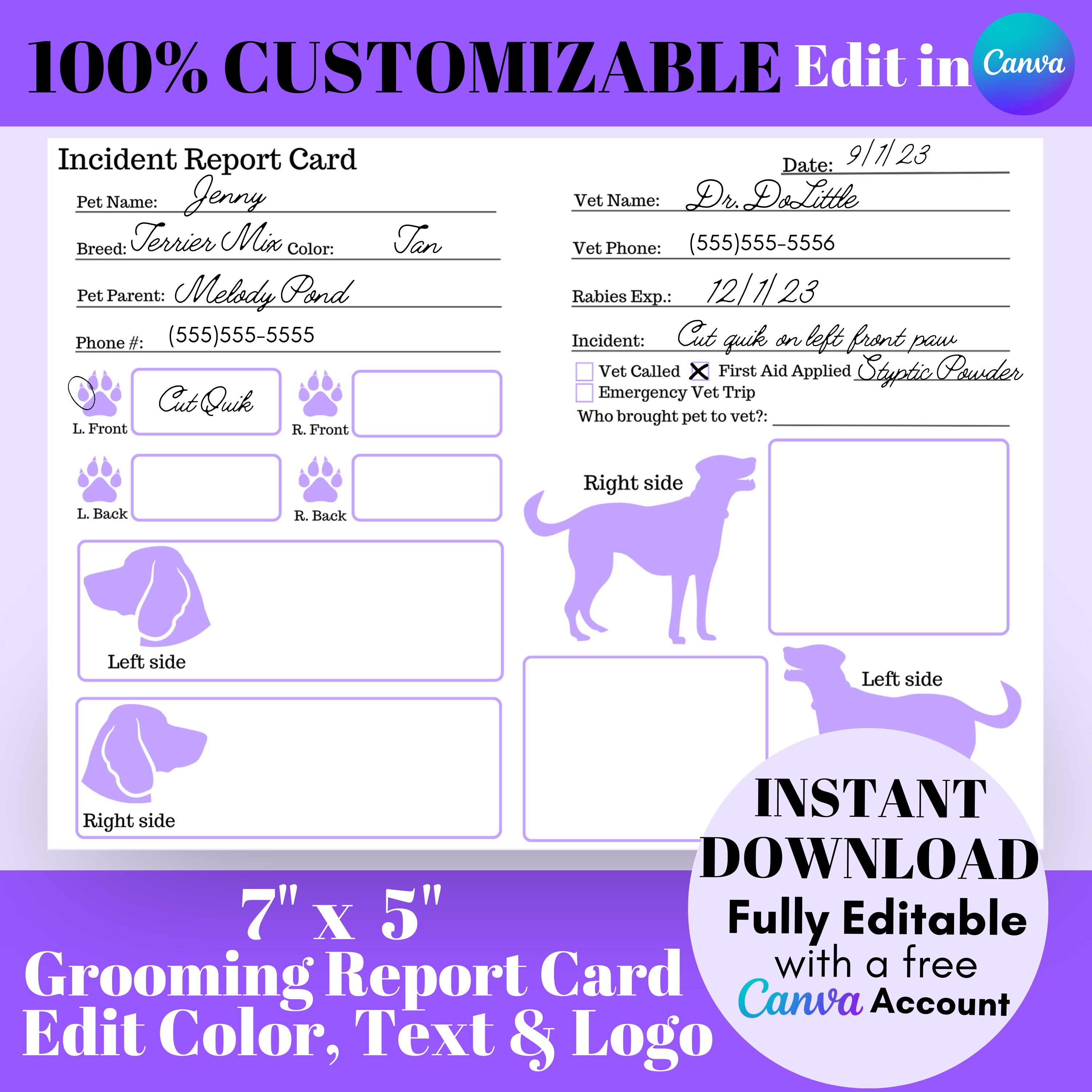 Dog Grooming Incident Report Card in Purple, Groomer Incident Forms ...