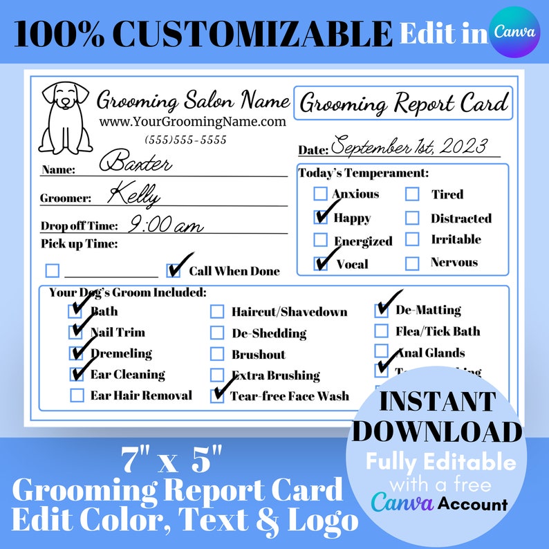 Dog Grooming Report Card Template, Pet Salon Forms - Blue (digital ...