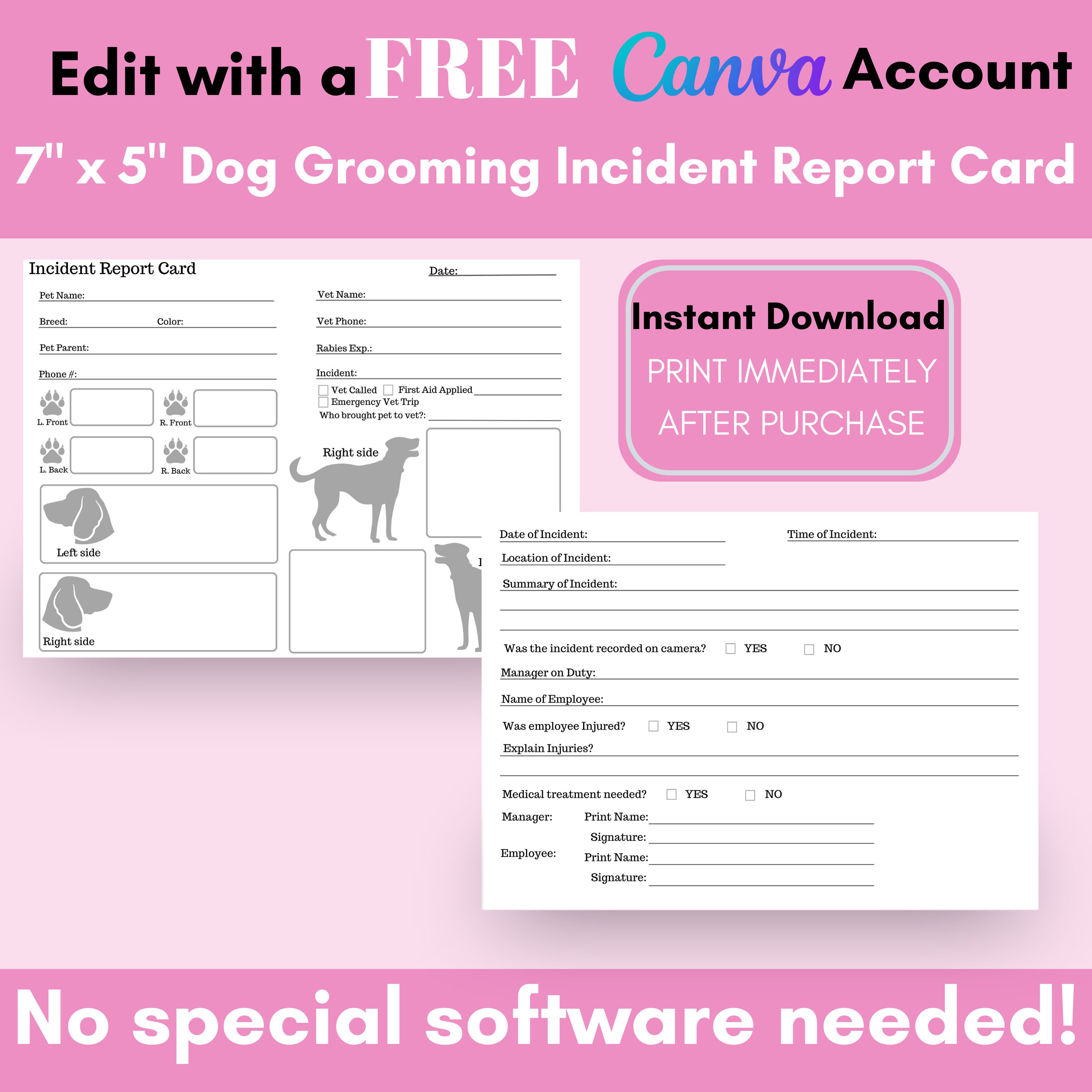 Dog Grooming Incident Report Card, Groomer Incident Forms, Dog Grooming ...