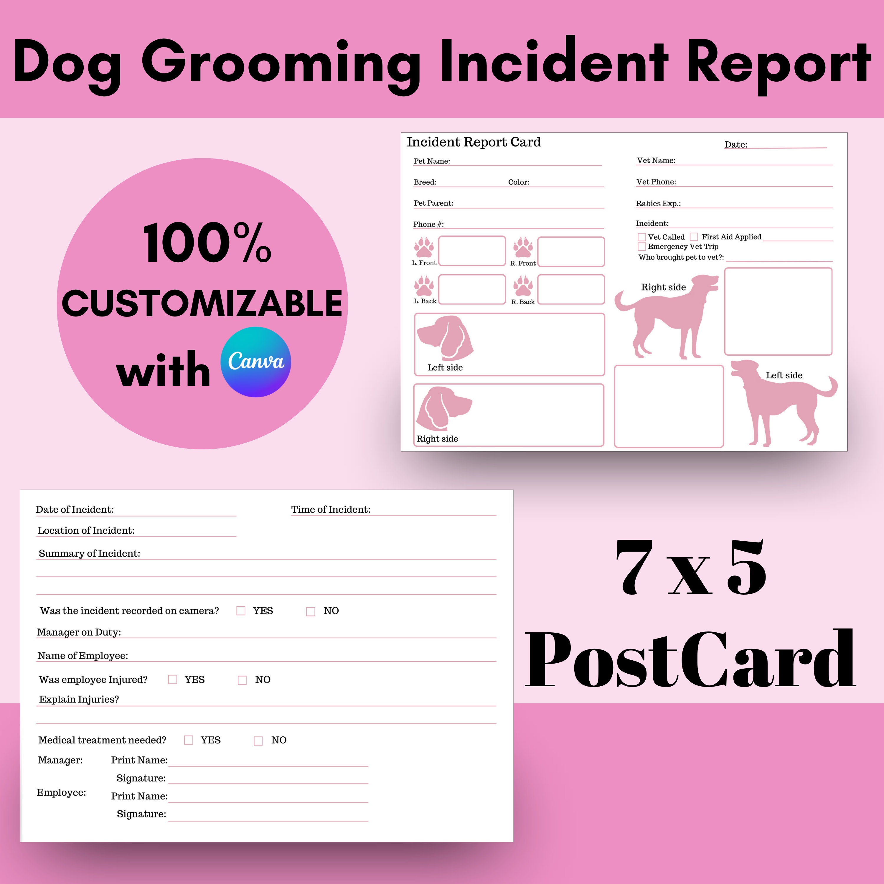Dog Grooming Incident Report in Pink - Pet Salon Incident Form Dog ...