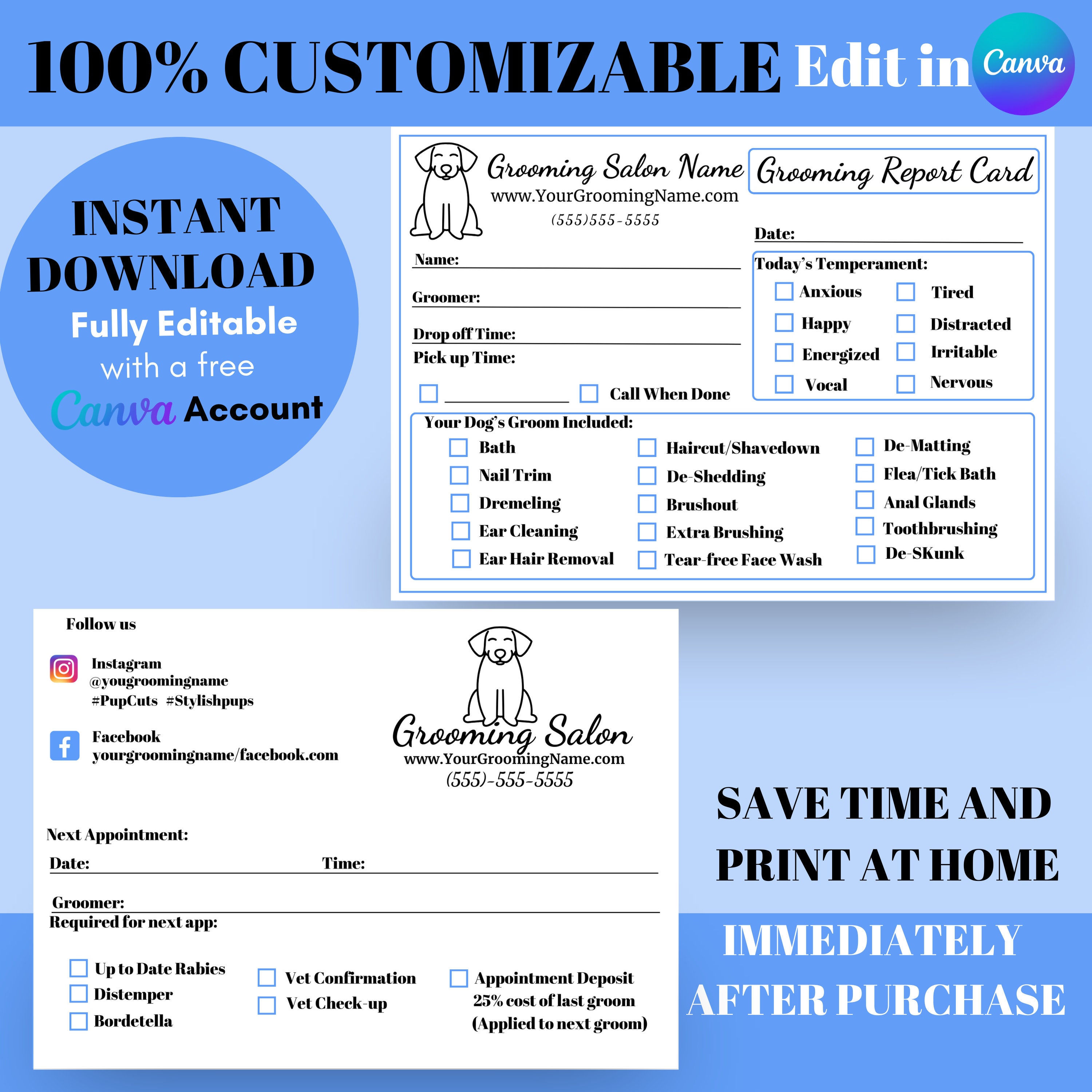 Dog Grooming Report Card Template, Pet Salon Forms - Blue (digital ...