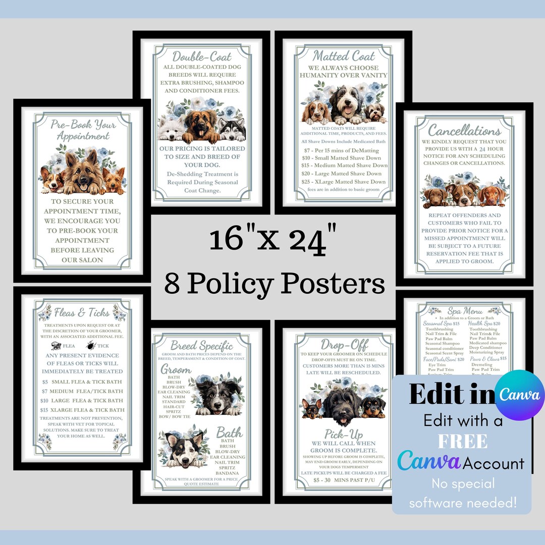 Dog Groomer Policy Poster Bundle Blue Floral Peeking Dogs, Dog Groomer ...
