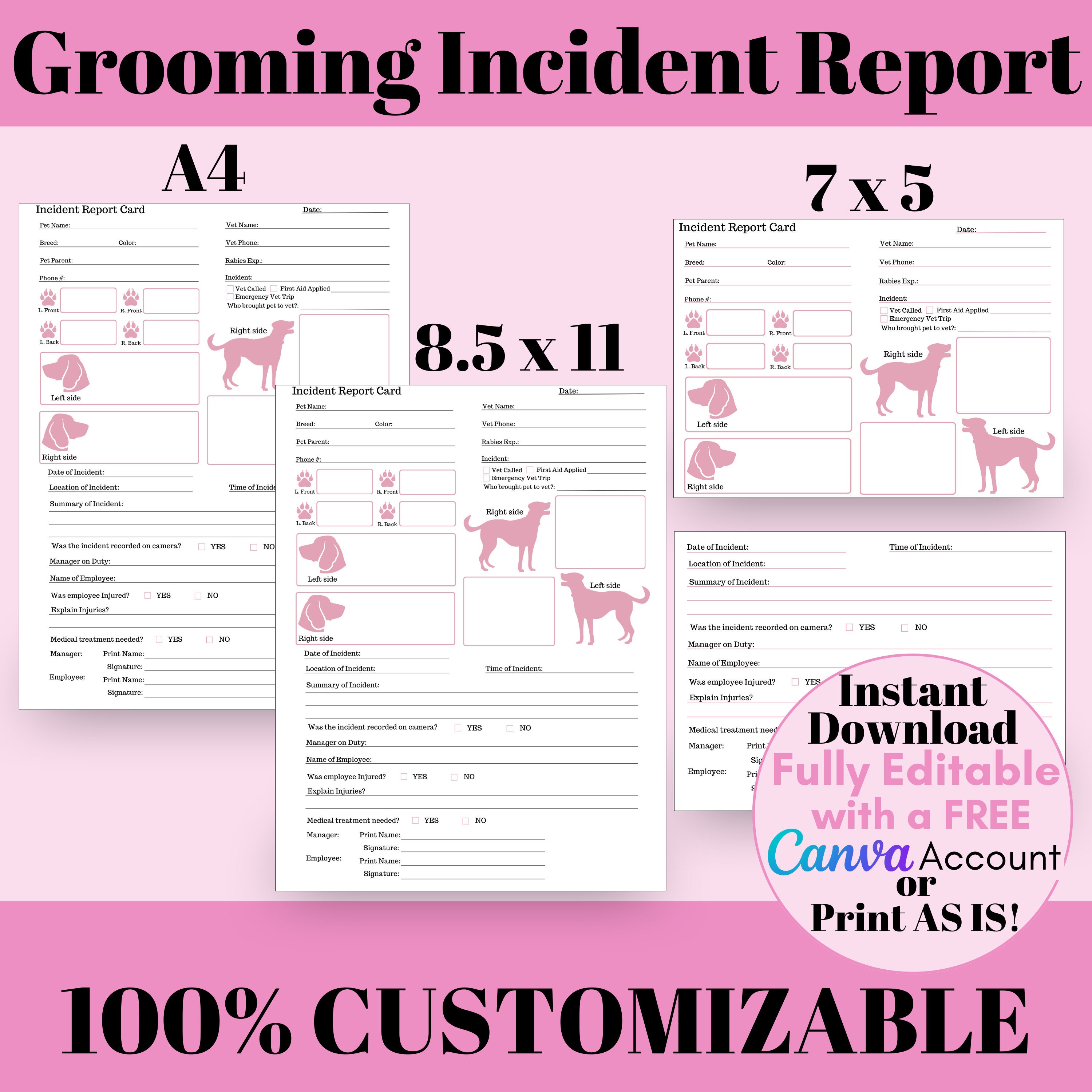 Dog Grooming Incident Report in Pink - Pet Salon Incident Form Dog ...
