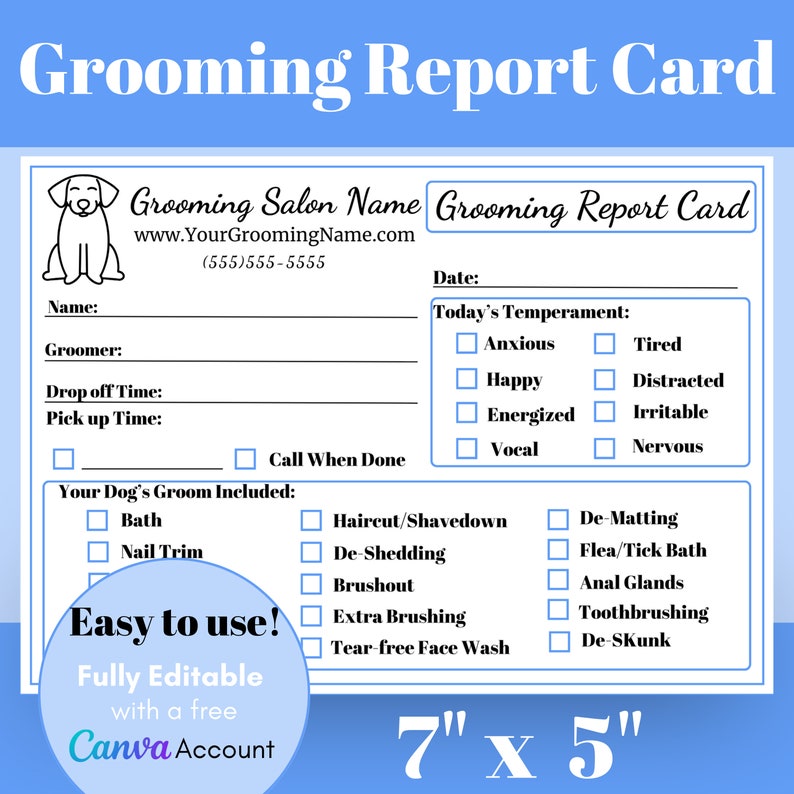 Dog Grooming Report Card Blue Grooming Salon Form Pet Groomer Forms Dog ...