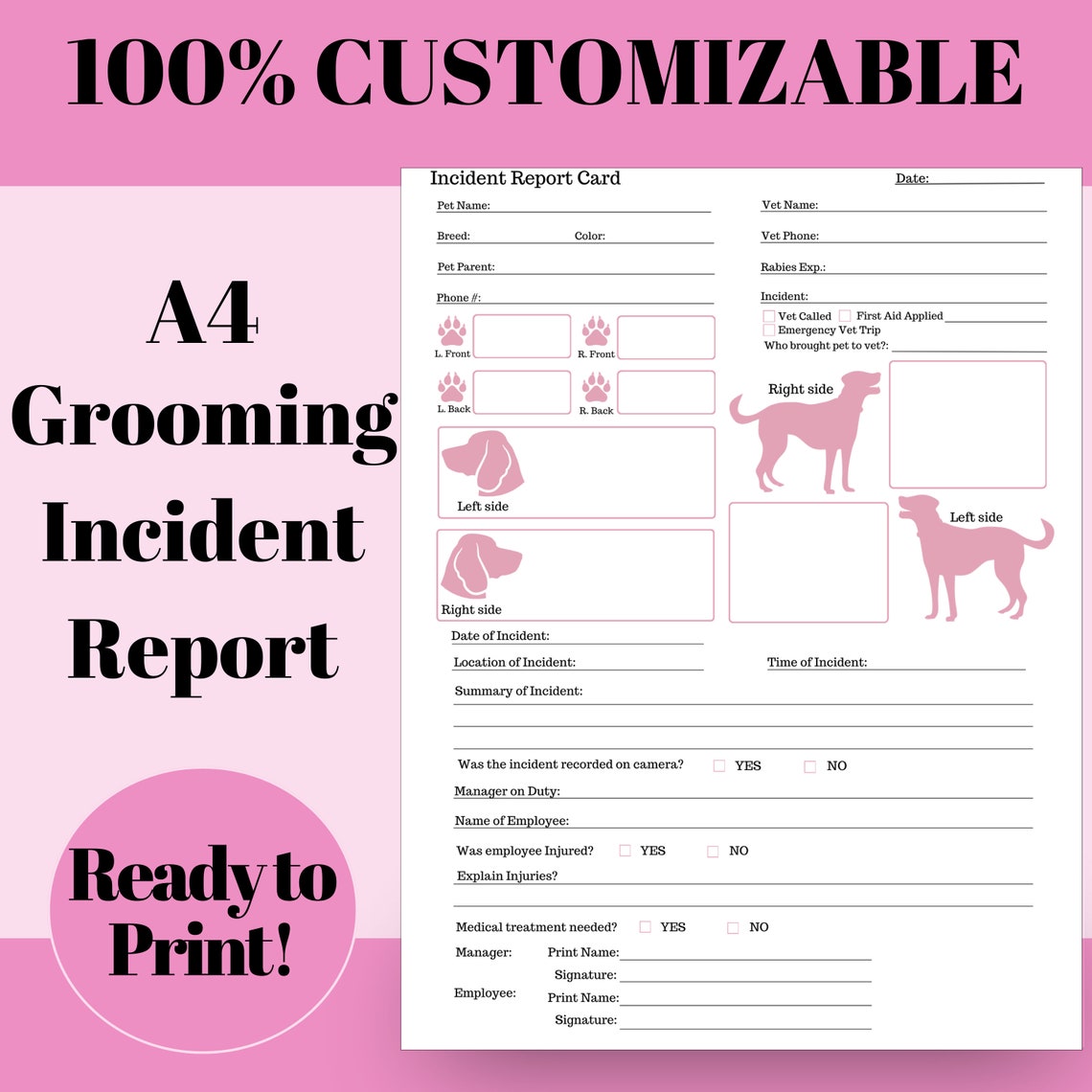 Dog Grooming Incident Report in Pink Pet Salon Incident Form Dog ...