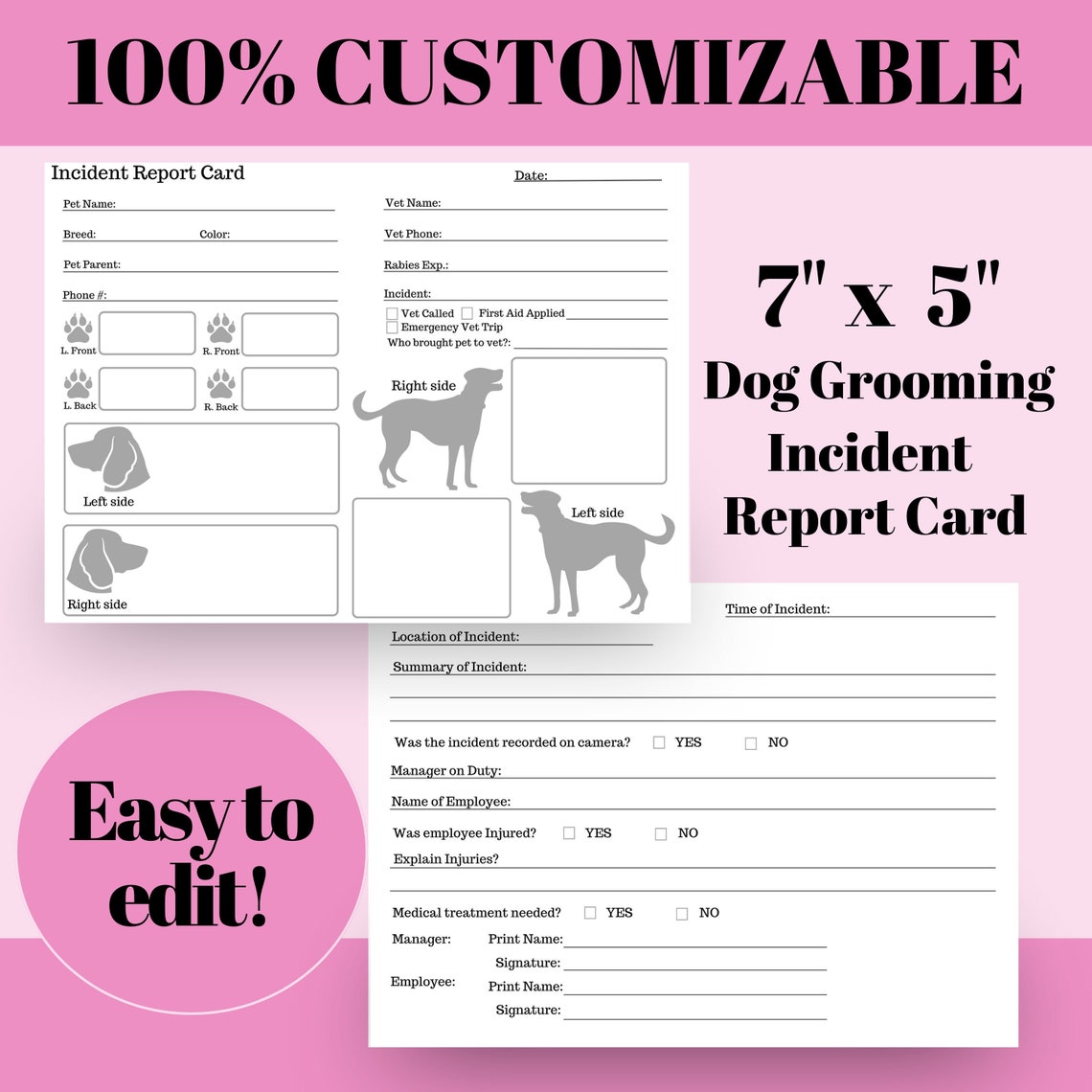 Dog Grooming Incident Report Card, Groomer Incident Forms, Dog Grooming ...