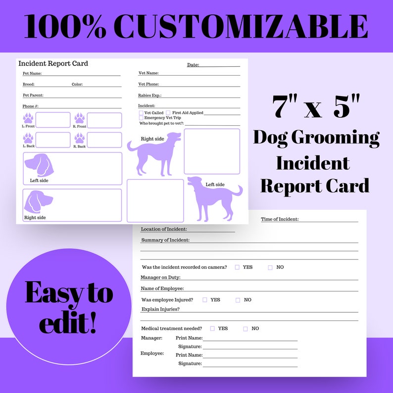 Dog Grooming Incident Report Card, Purple Template (digital Download ...