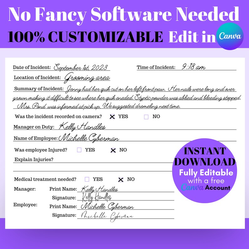 Dog Grooming Incident Report Card, Purple Template (digital Download ...