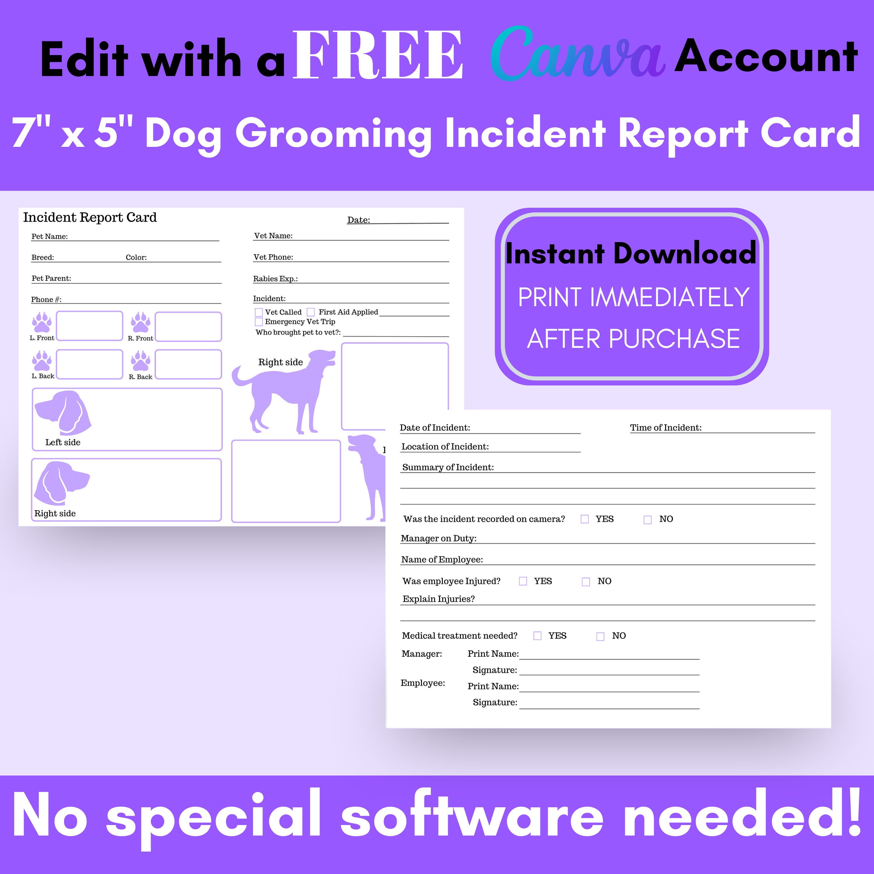 Dog Grooming Incident Report Card in Purple, Groomer Incident Forms ...