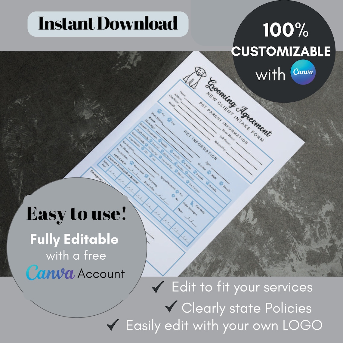 Dog Grooming Client Intake Form, Pet Salon Contract - Blue (digital ...