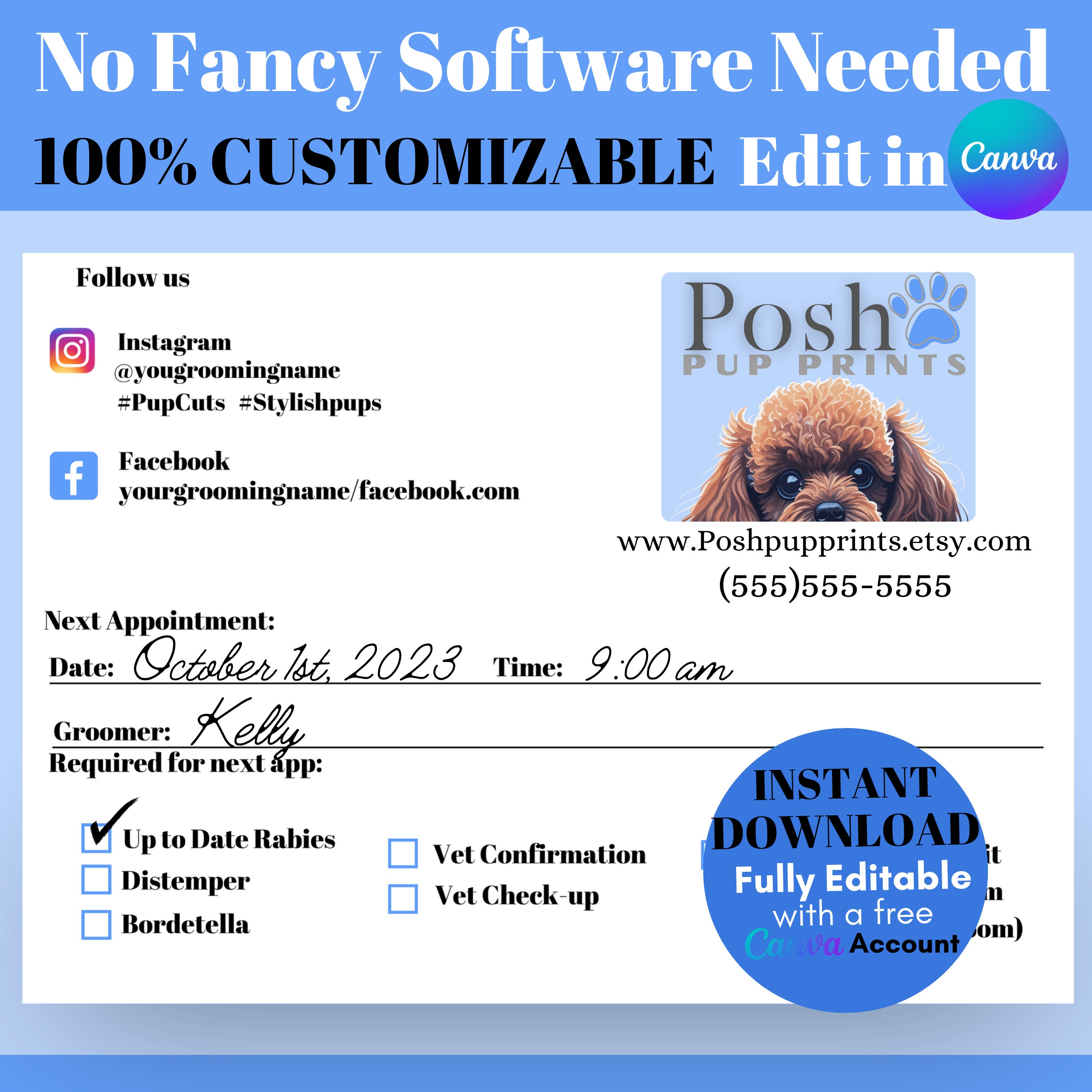 Dog Grooming Report Card Template, Pet Salon Forms - Blue (digital ...