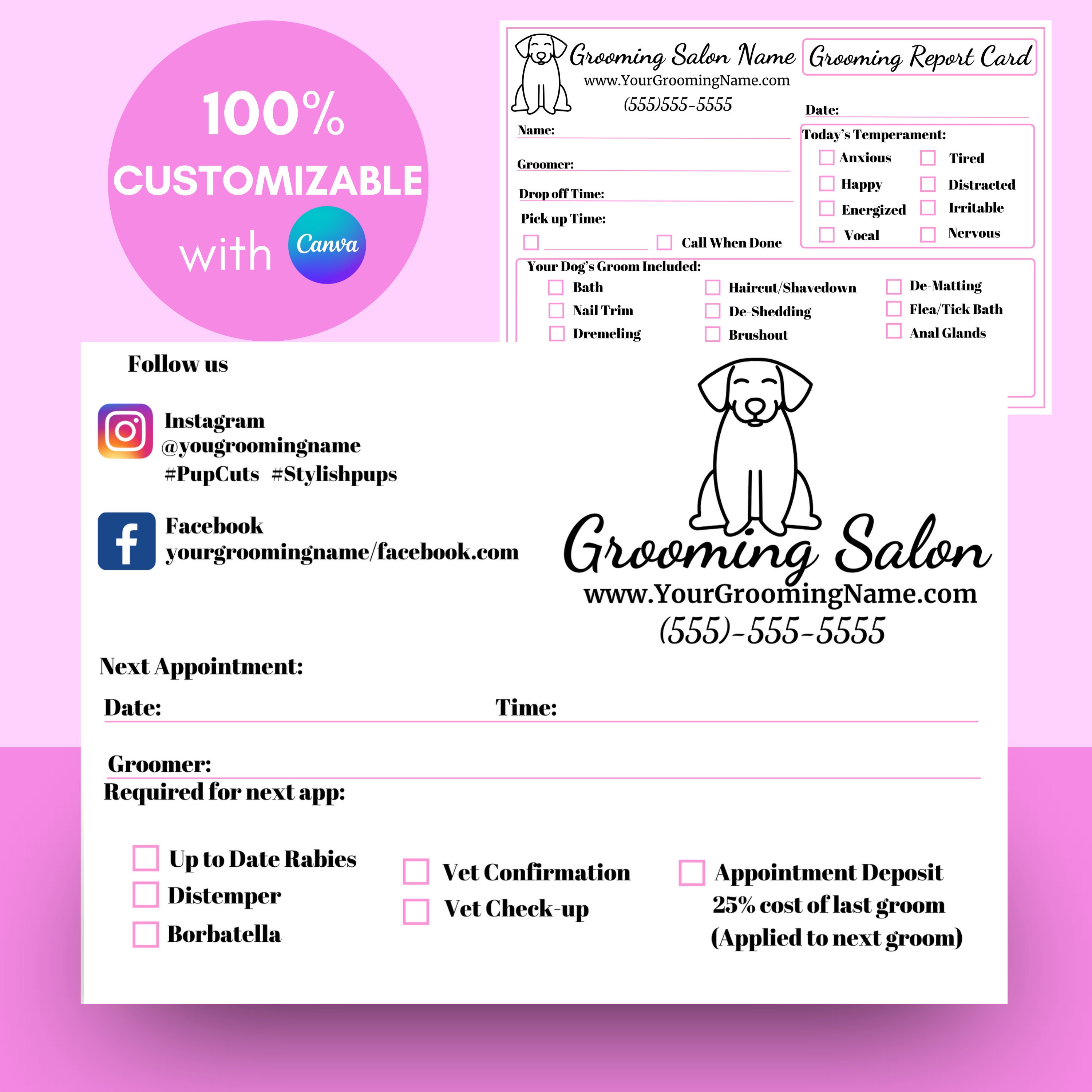 Dog Grooming Report Card in Pink, Dog Groomer Forms, Dog Grooming ...