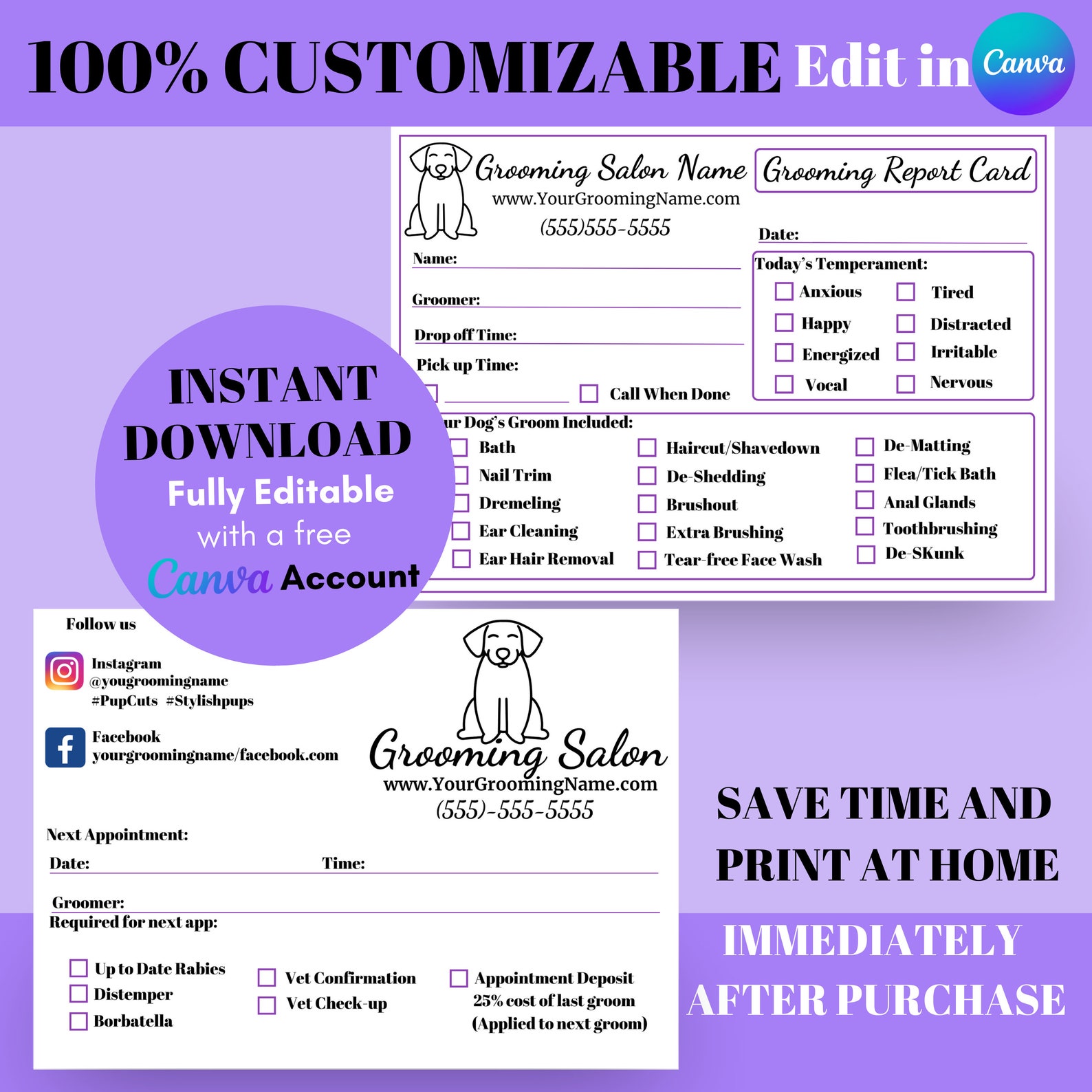 Dog Grooming Report Card in Purple, Dog Groomer Forms, Dog Grooming ...