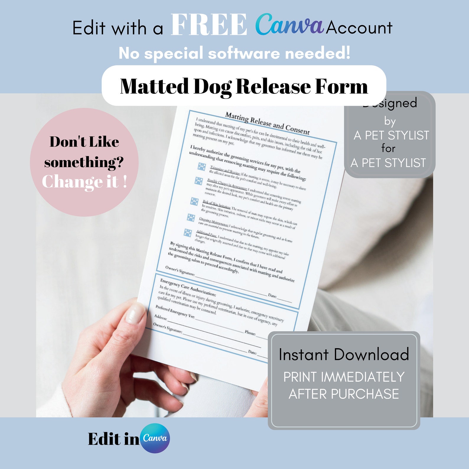Dog Groomer Matting Release Form – Pet Salon Contract (digital Download ...