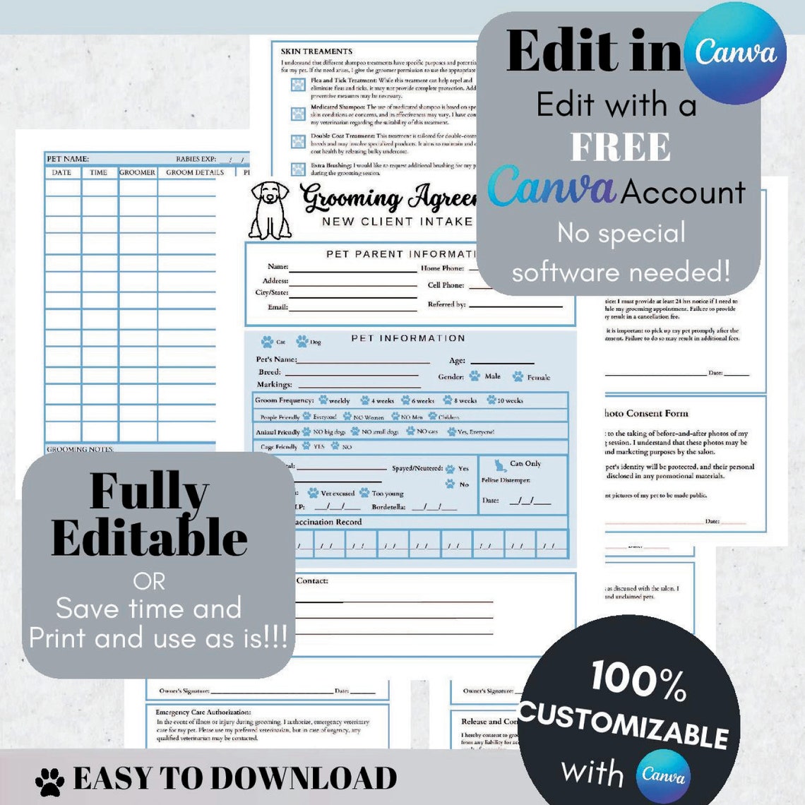Dog Grooming Agreement Bundle, Customizable Pet Salon Forms (digital ...