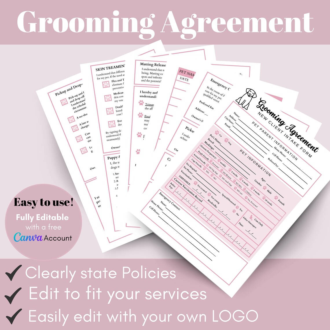 Dog Grooming Client Intake Forms, Pet Salon Contract - Pink (digital ...