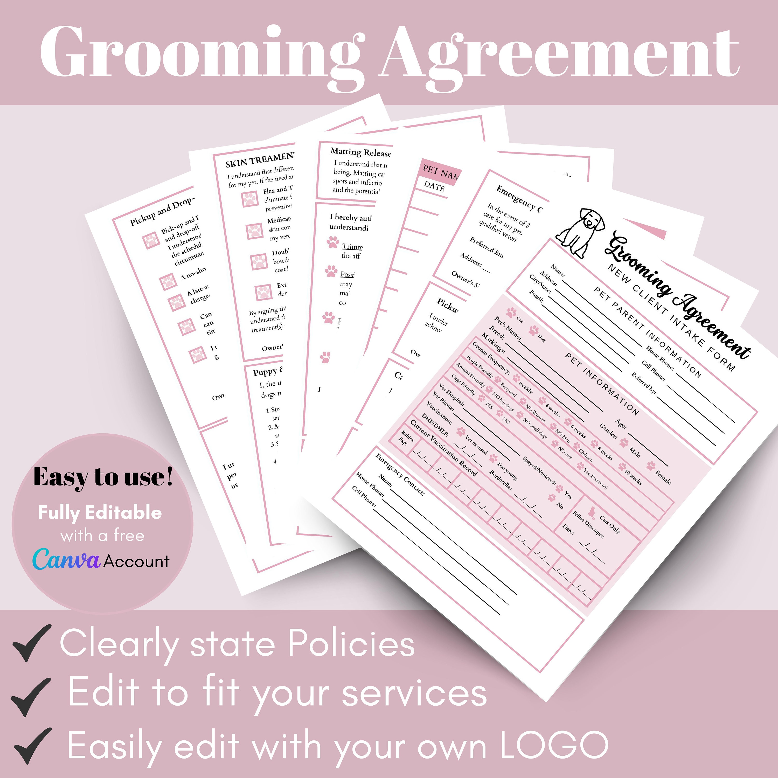 Dog Grooming Client Intake Forms, Pet Salon Contract - Pink (digital ...