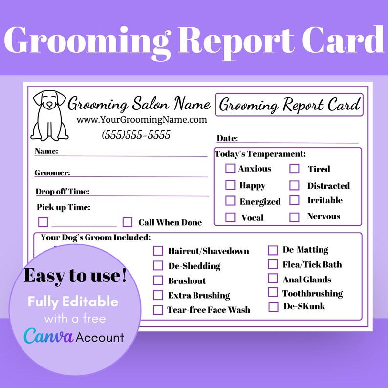 Dog Grooming Report Card in Purple, Dog Groomer Forms, Dog Grooming ...