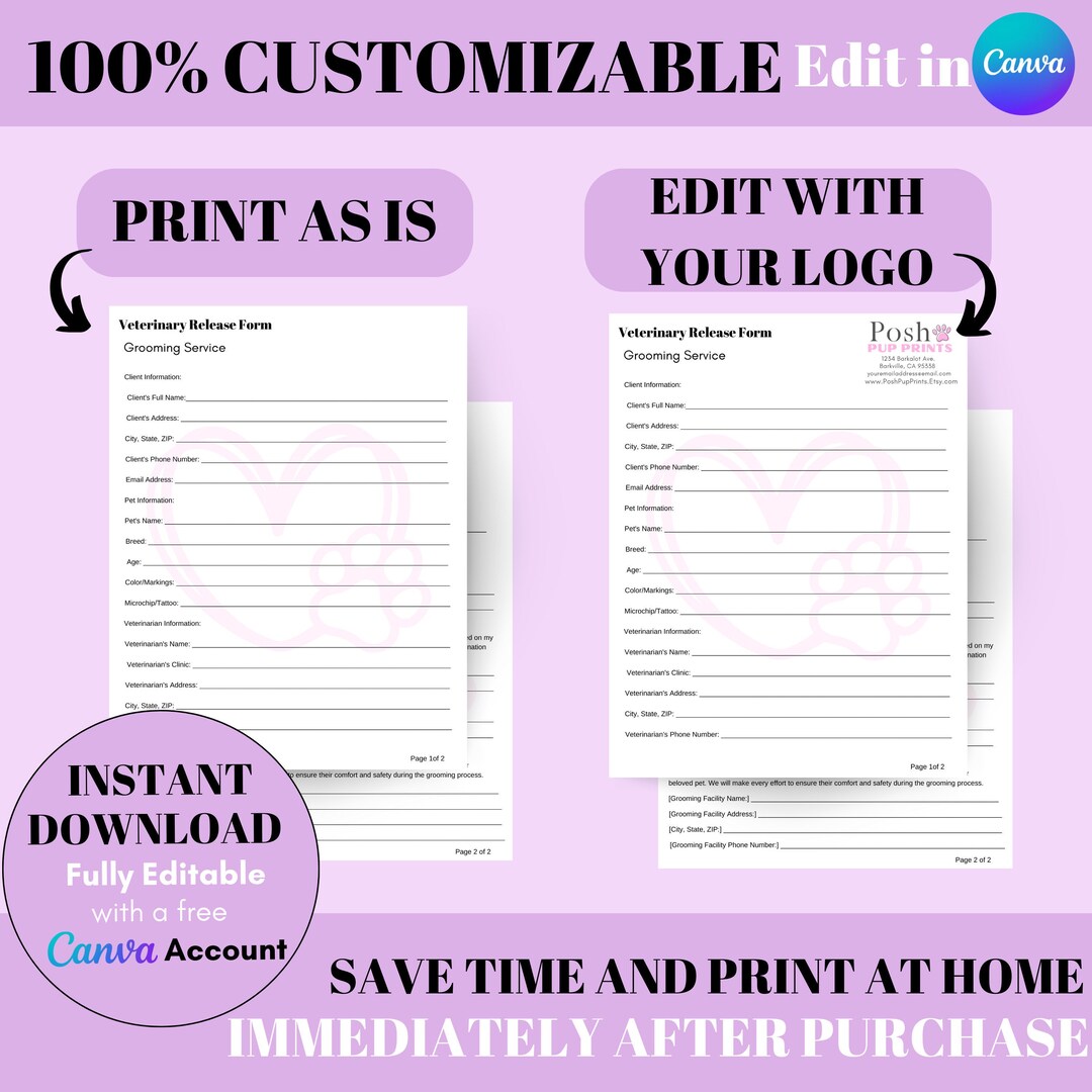 Dog Grooming Vet Release Form, Customizable Template (digital Download ...