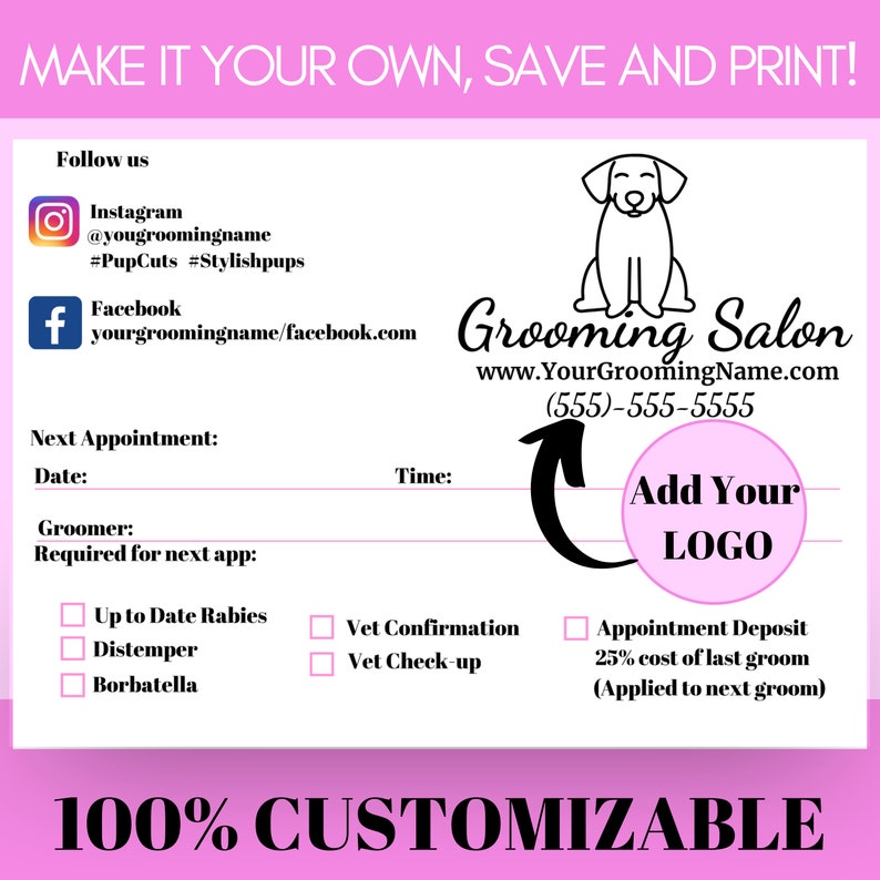 Dog Grooming Report Card in Pink, Dog Groomer Forms, Dog Grooming ...