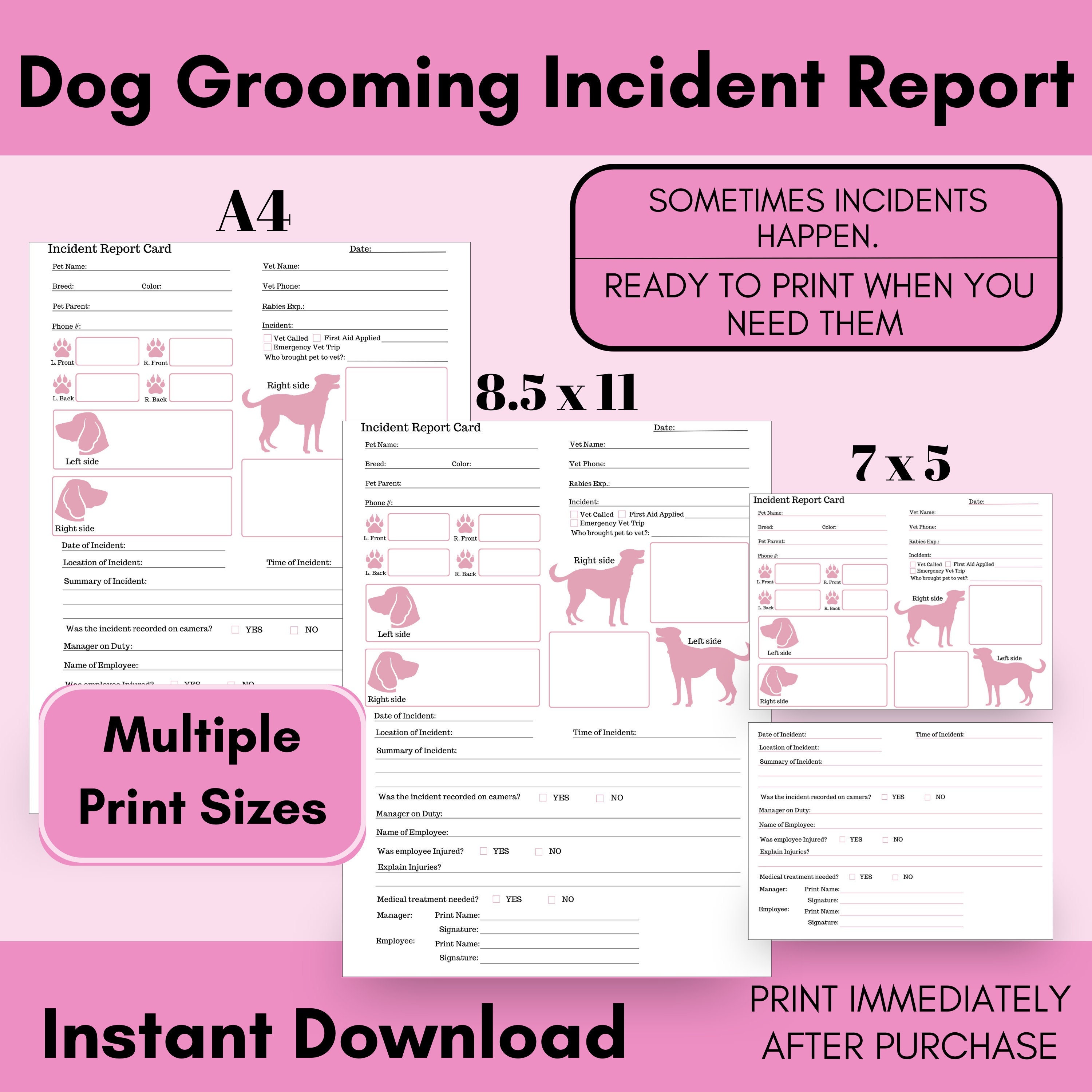 Dog Grooming Incident Report in Pink - Pet Salon Incident Form Dog ...