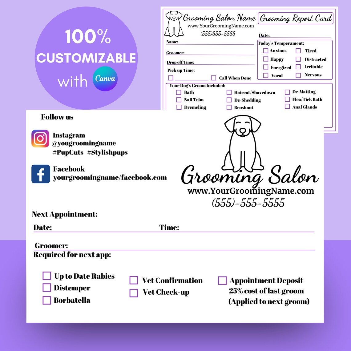 Dog Grooming Report Card in Purple, Dog Groomer Forms, Dog Grooming ...