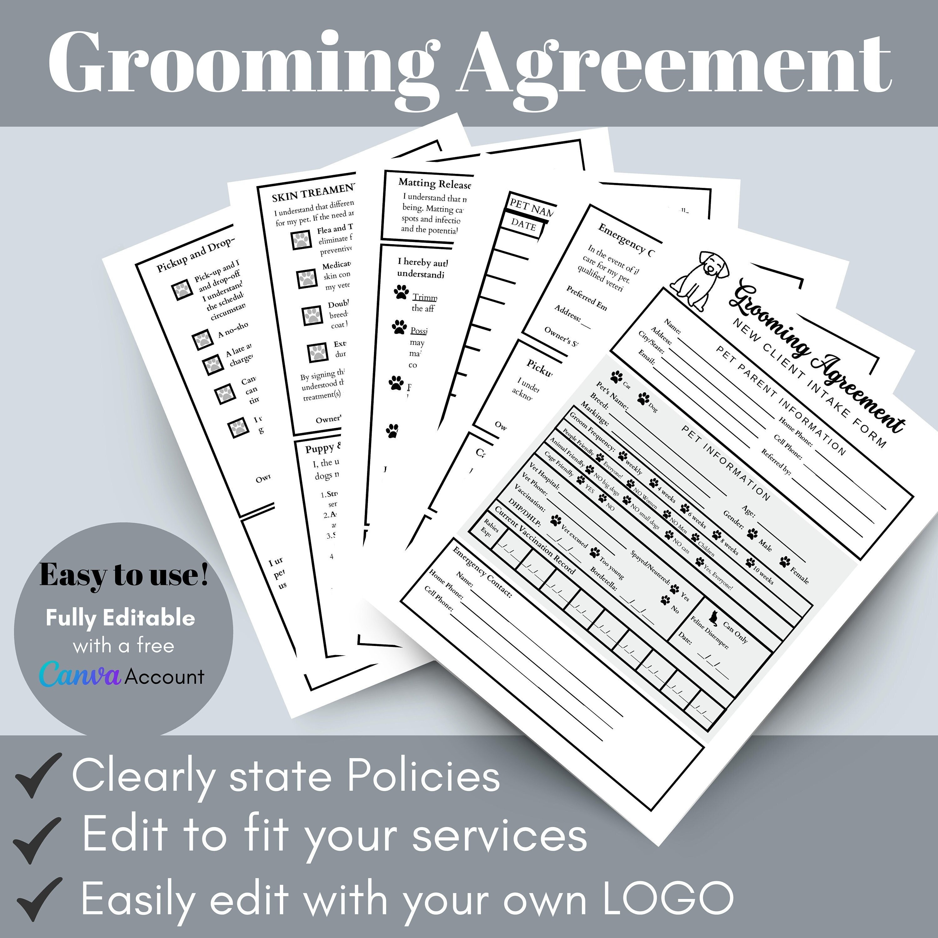 Dog Grooming Client Intake Form, Pet Salon Contract (digital Download ...