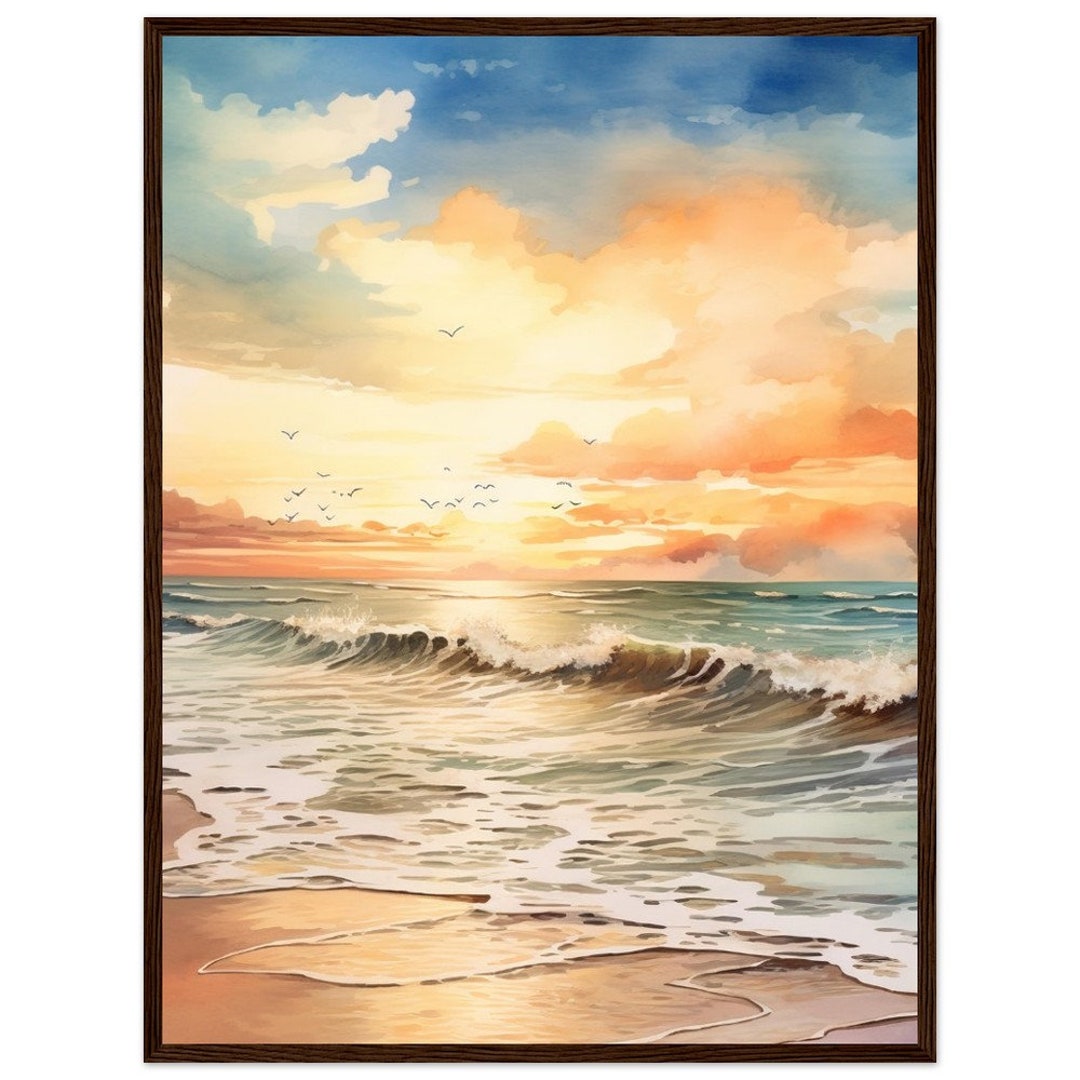 Coastal Sunset Art Poster, Vibrant Beach Scene Painting, Tranquil Wall ...