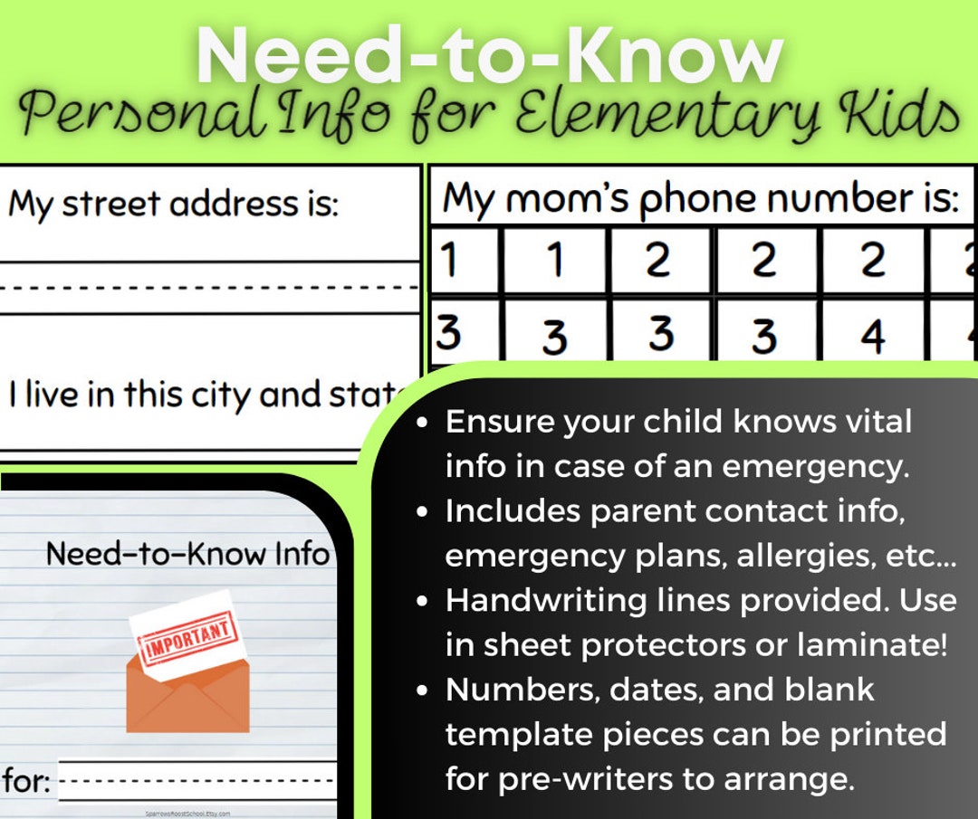 Need-to-know Safety Workbook for Elementary Kids- Personal Info in Case ...