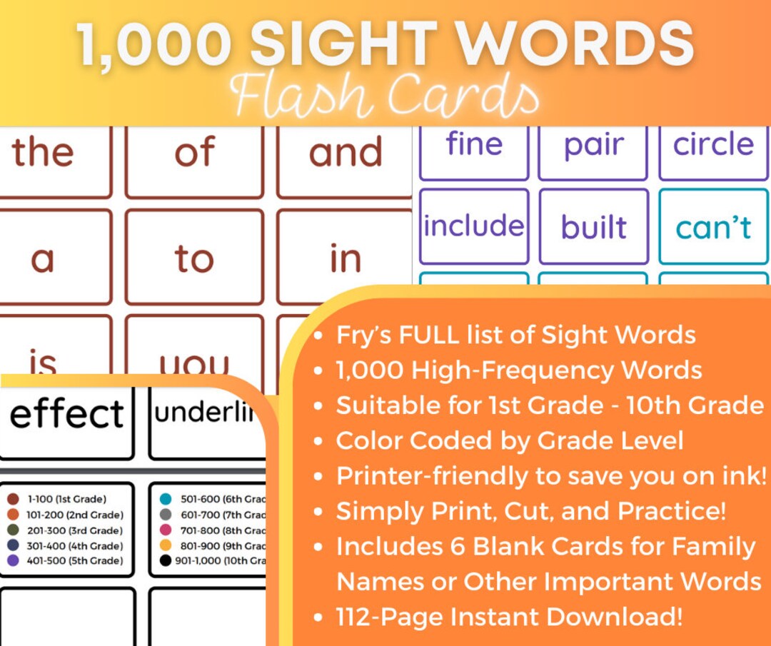 1,000 SIGHT WORD Flash Cards - Fry's FULL List - Printer Friendly - Etsy
