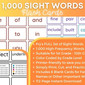 1,000 SIGHT WORD Flash Cards - Fry's FULL List - Printer Friendly - Etsy