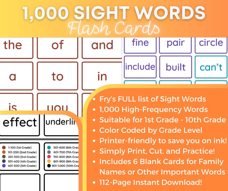 1,000 SIGHT WORD Flash Cards - Fry's FULL List - Printer Friendly - Etsy