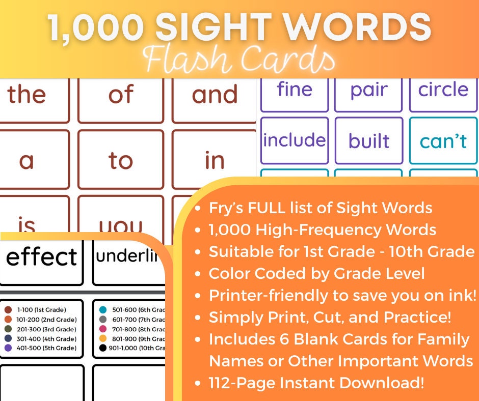 1,000 SIGHT WORD Flash Cards - Fry's FULL List - Printer Friendly - Etsy
