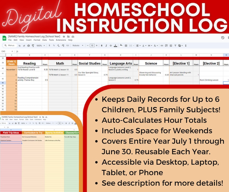 Digital Homeschool Instruction Log - Record Hours and Lessons Completed ...